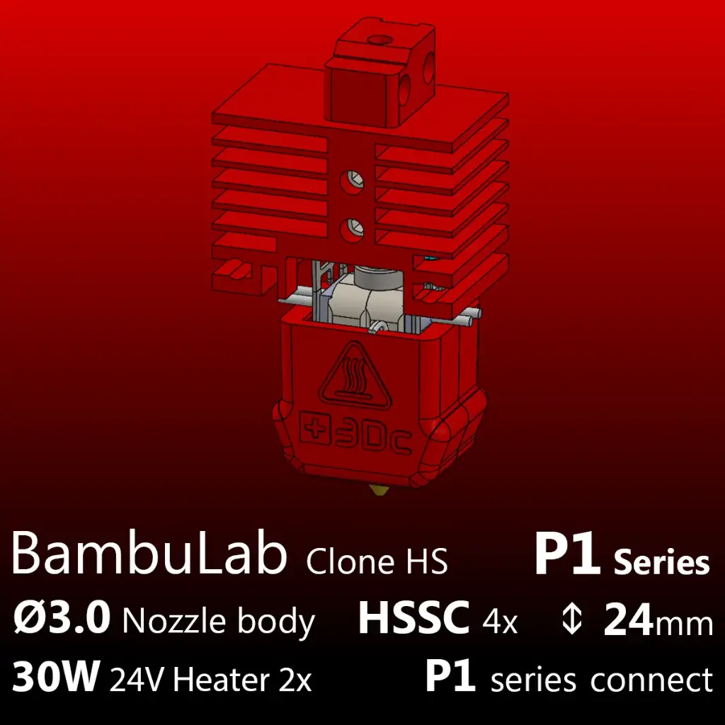 BambuLab clone Heat Sink 24mm nozzle 2x30W heater replacement hot-end